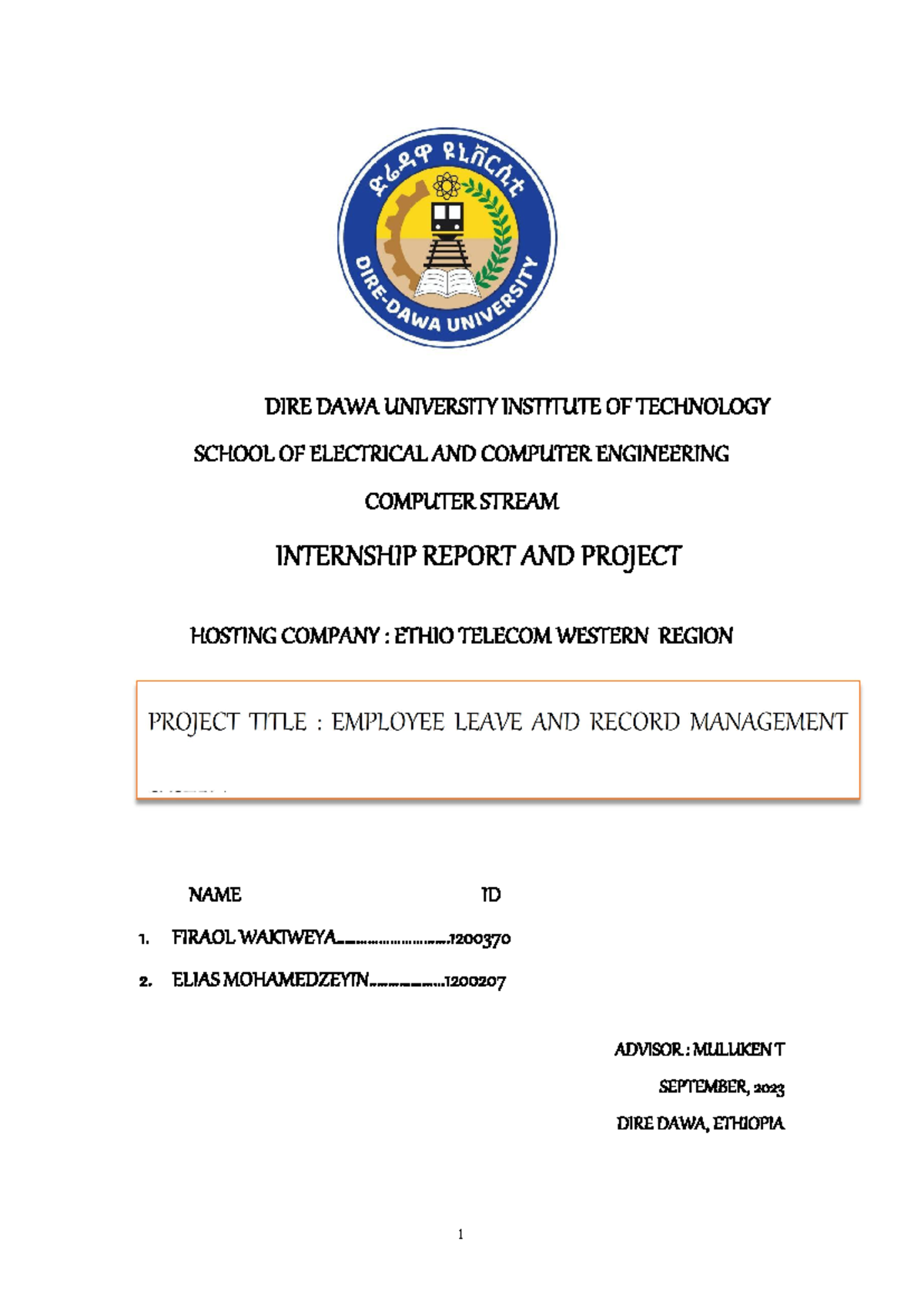 Intership report and project - 1 DIRE DAWA UNIVERSITY INSTITUTE OF TECHNOLOGY SCHOOL OF ...