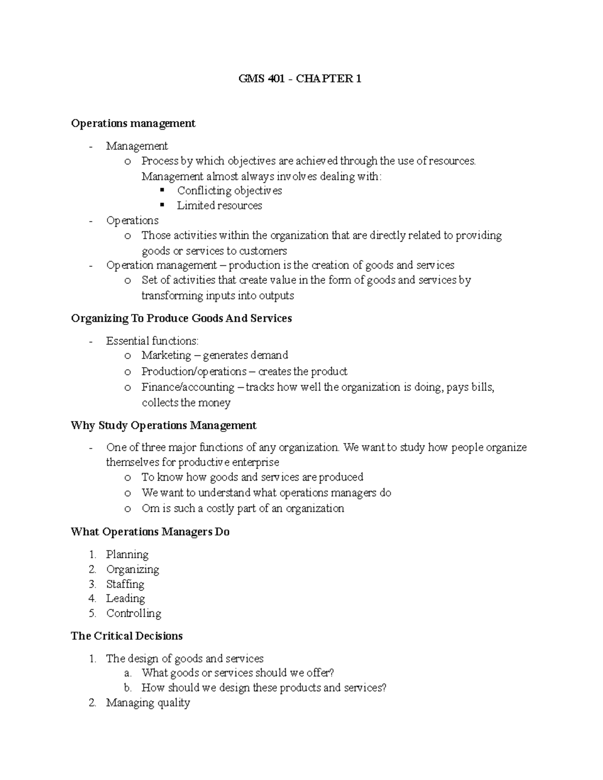 Chapter 1 - GMS 401 - CHAPTER 1 Operations management - Management o ...