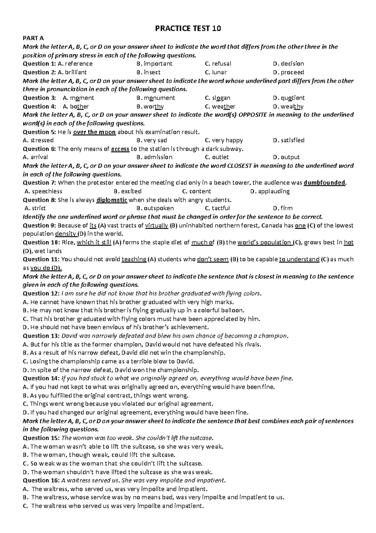 Practice TEST 10 pdf - PRACTICE TEST 10 PART A Mark the letter A, B, C ...