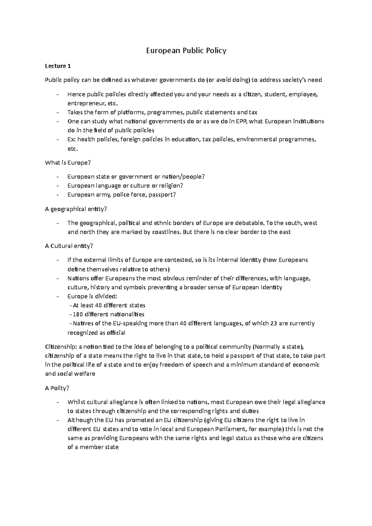 European Public Policy notes - European Public Policy Lecture 1 Public ...