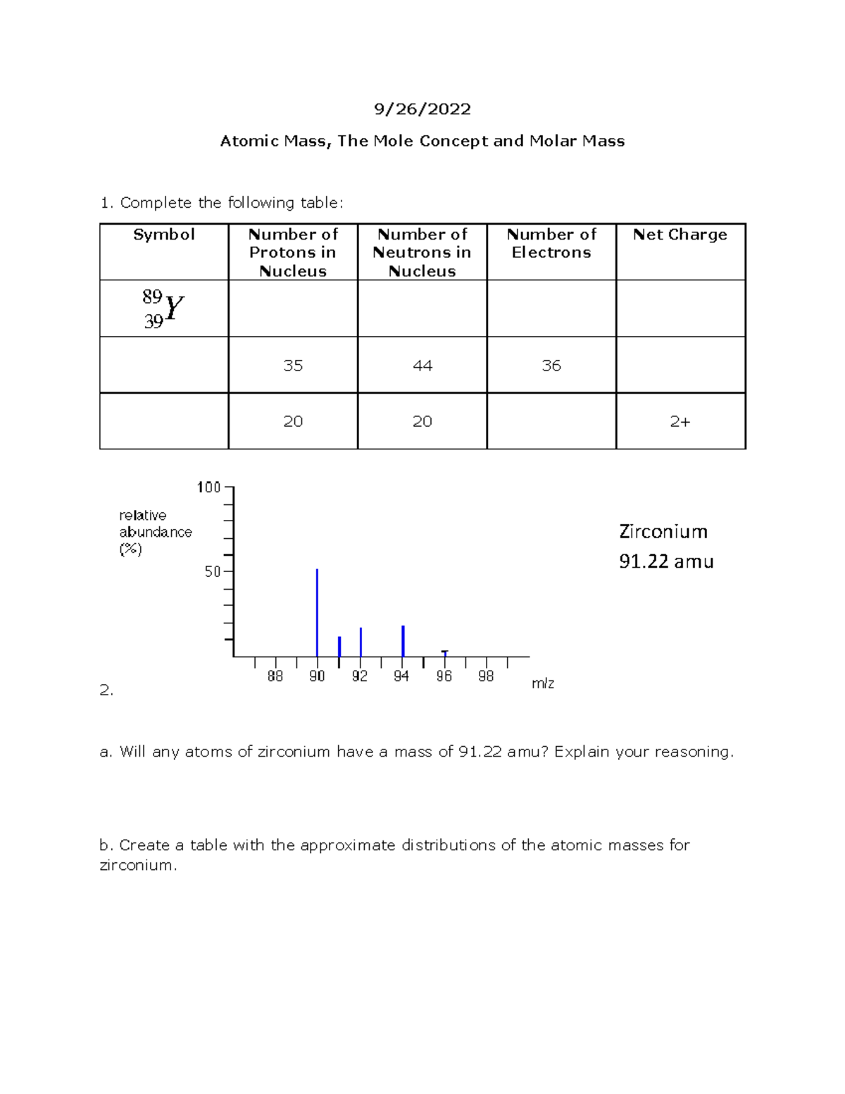 Atomic Mass and The Mole Concept Worksheet - 9/26/ Atomic Mass, The ...
