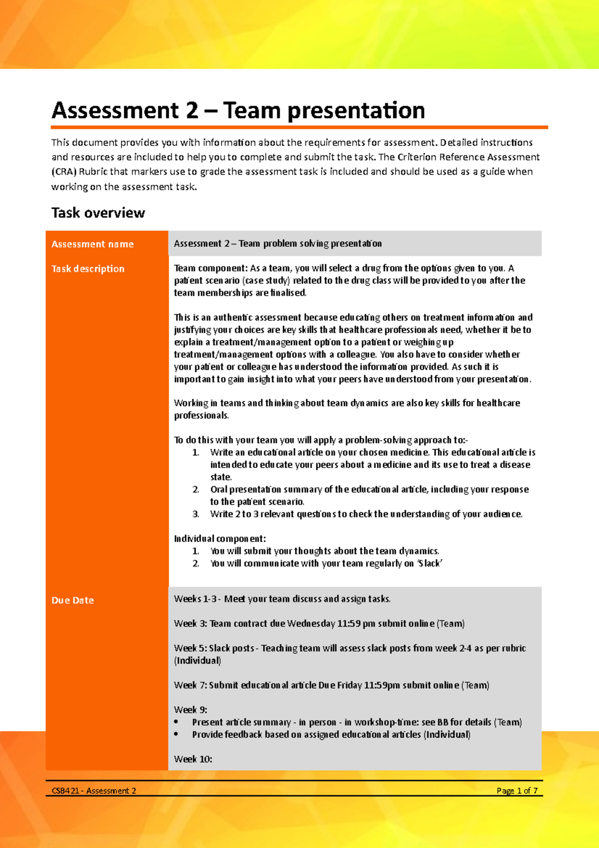 CSB421 Assessment task 2 v4 - Assessment 2 – Team presentation This ...