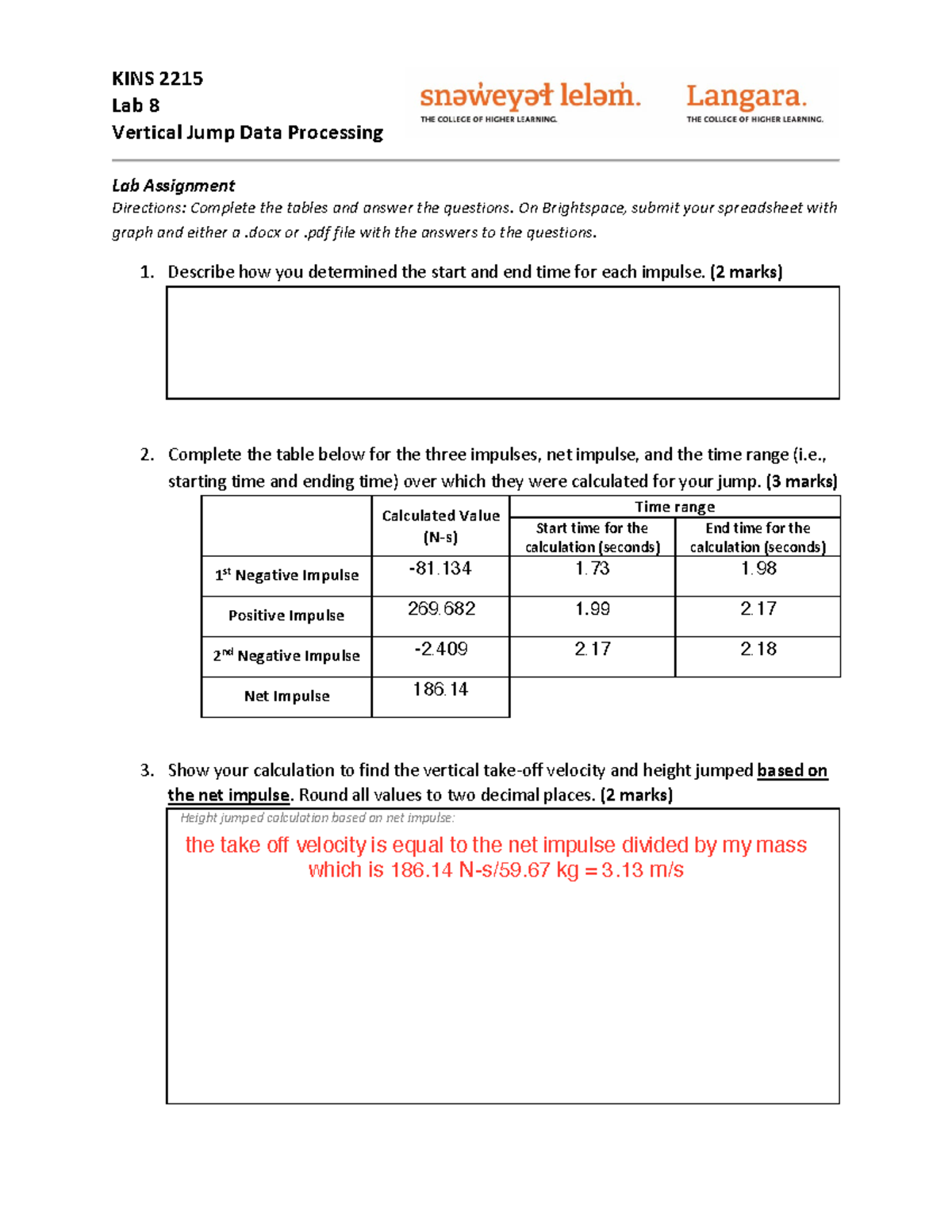 Lab 8 - Assignment - lab - KINS 2215 Lab 8 Vertical Jump Data Processing Lab Assignment ...