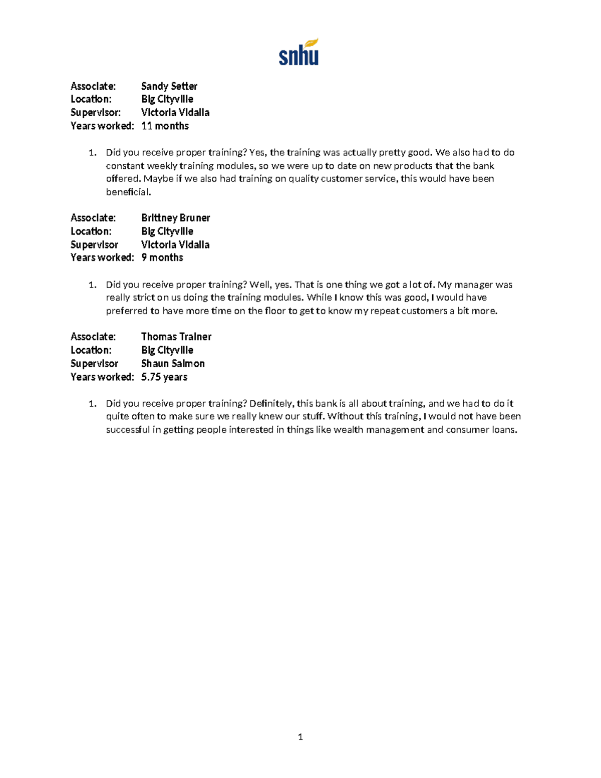 HRM 360 Exit Interviews - Associate: Sandy Setter Location: Big ...