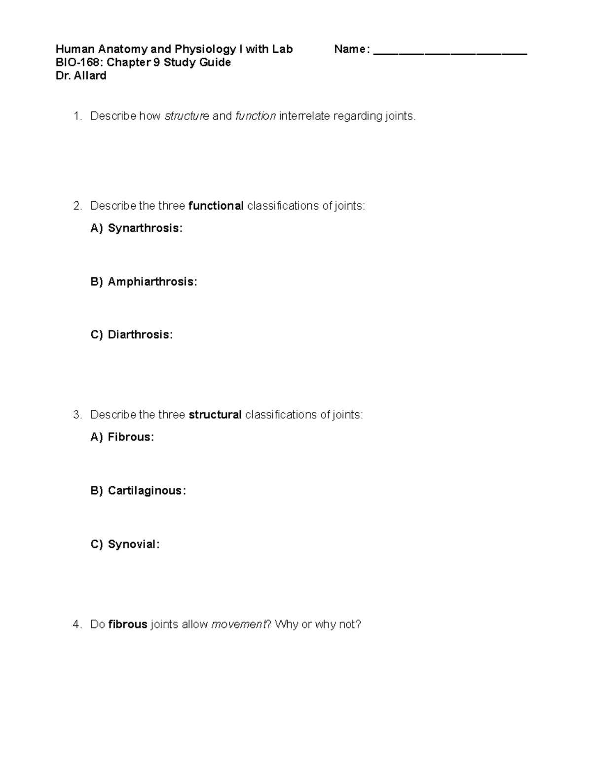 Chapter 9 Study Guide - Human Anatomy and Physiology I with Lab Name