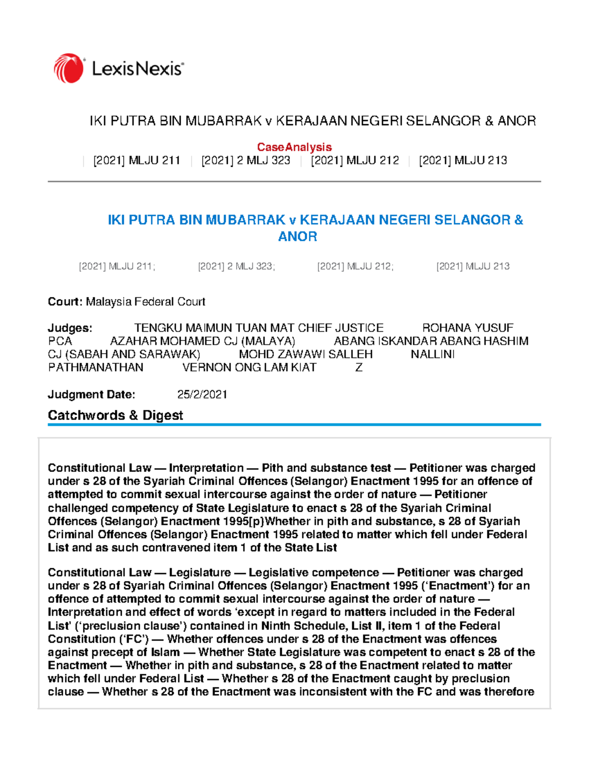 IKI Putra BIN Mubarrak v Kerajaan Negeri SELA - CaseAnalysis | [2021 ...