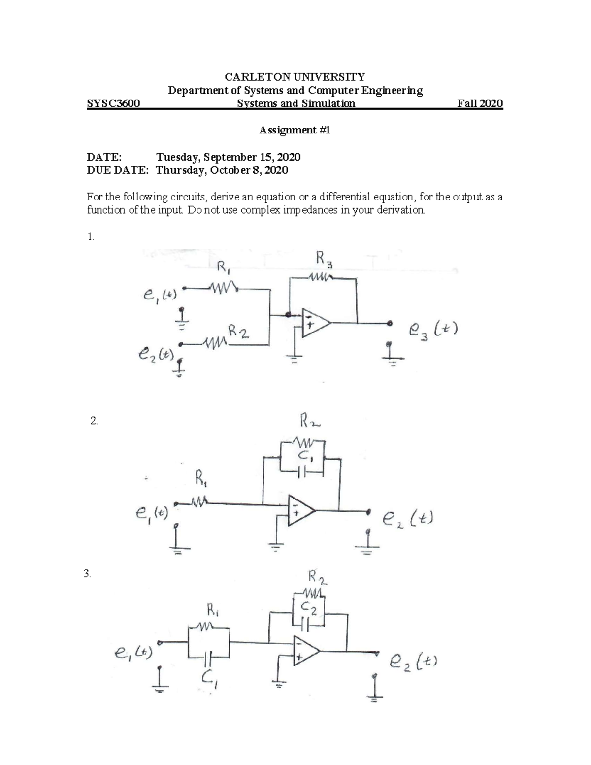 Assignment 1 Carleton University Department Of Systems And Computer Engineering Sysc3600