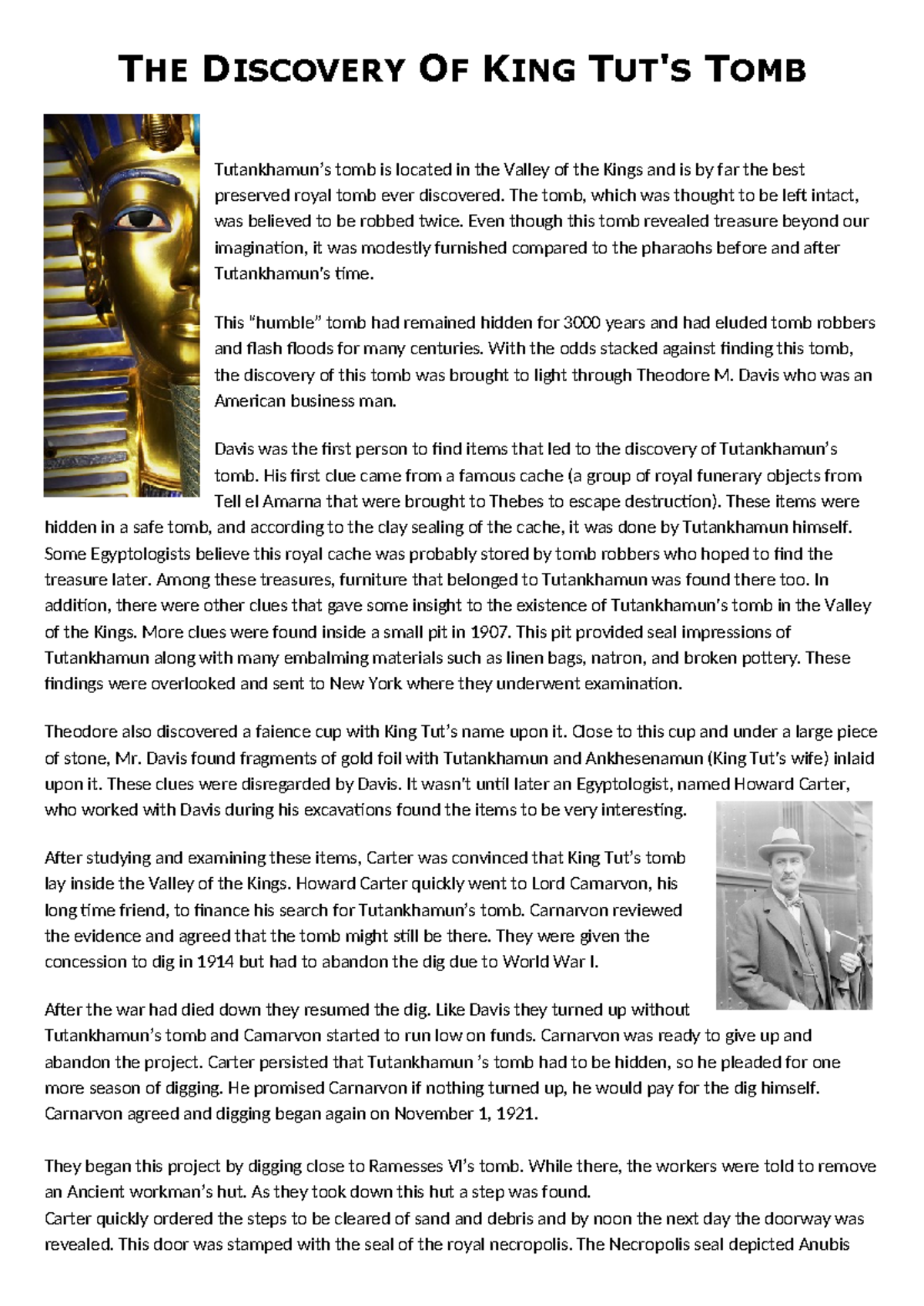 2.1 Discovery article and activity-1-1 - THE DISCOVERY OF KING TUT'S ...
