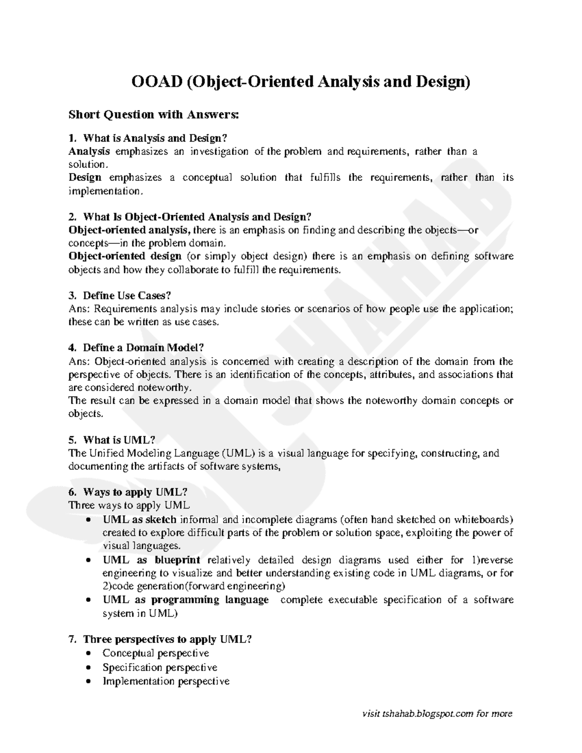 Short questions of OOAD-solutions - OOAD (Object-Oriented Analysis and ...