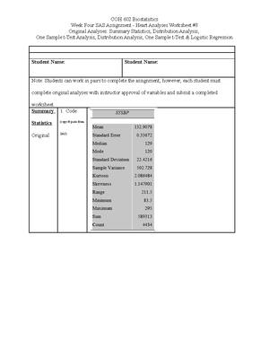 Heart Analyses Worksheet 3 - Summary Statistics Original Code (copy & paste from SAS) Week Four ...