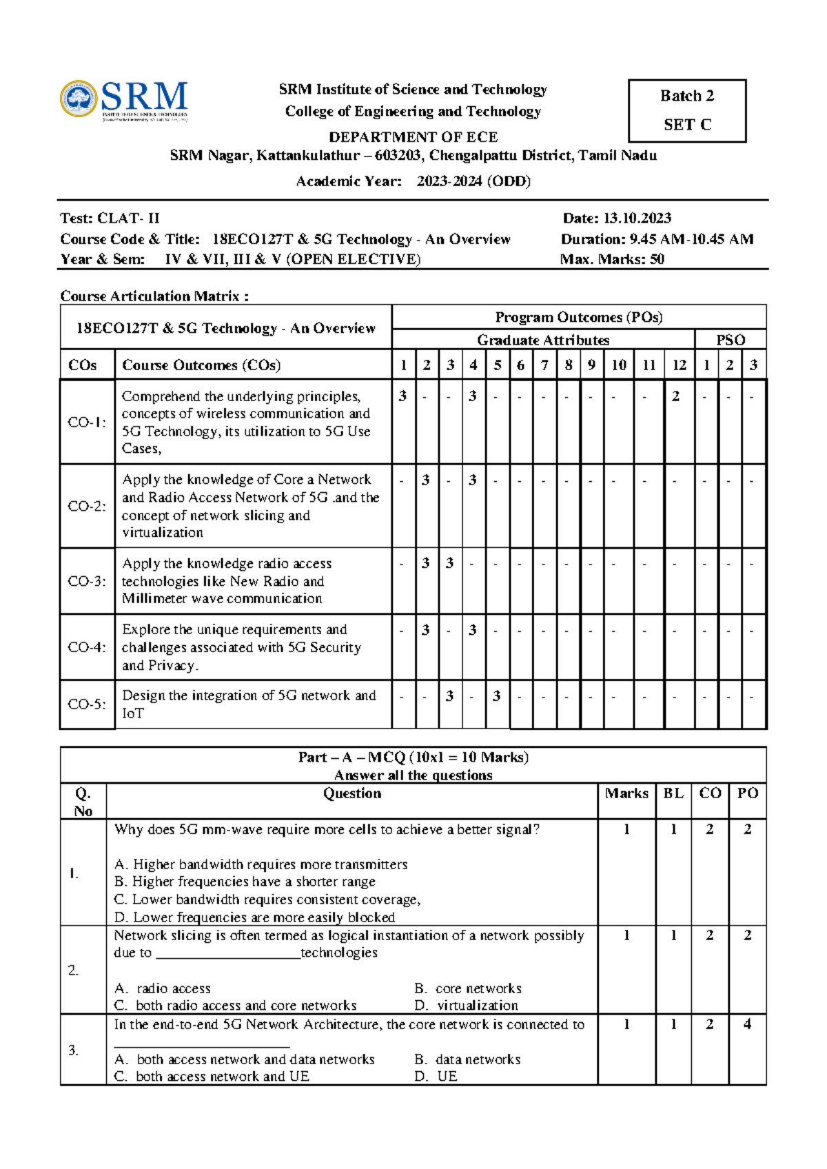 CT2 QP Set C - Previous year papers - SRM Institute of Science and Technology College of ...
