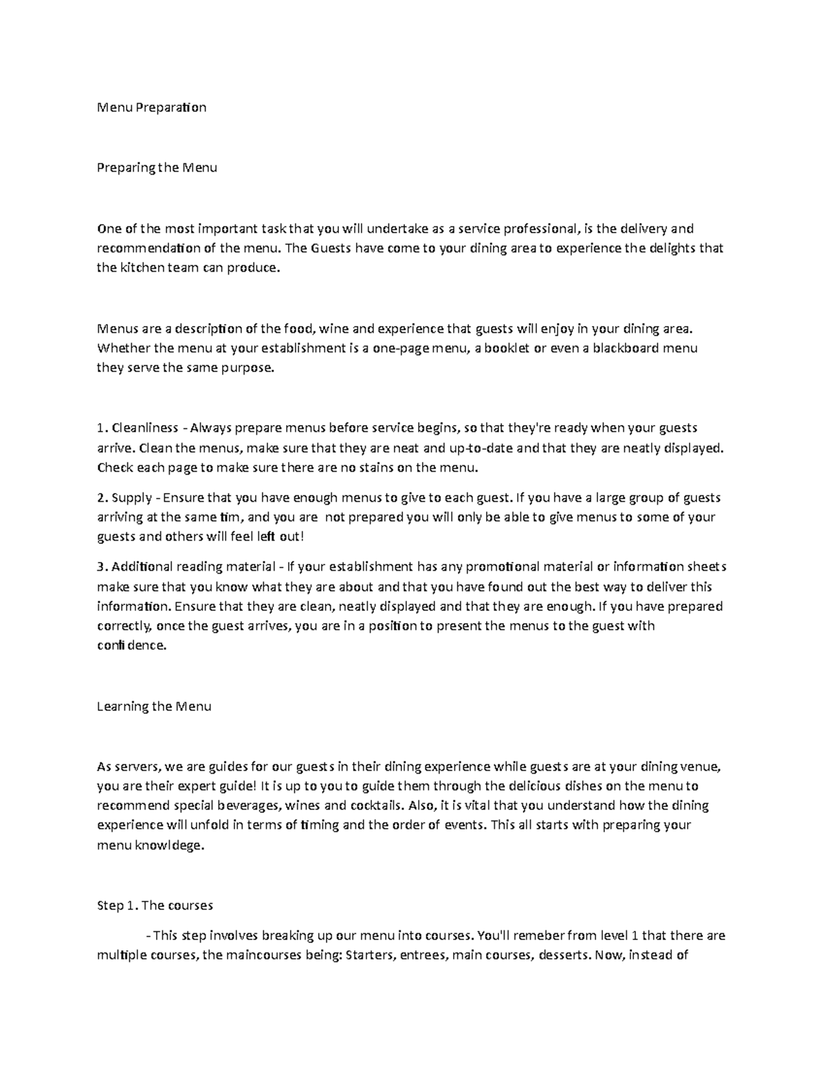 Menu Preparation - One of the most important task that you will ...