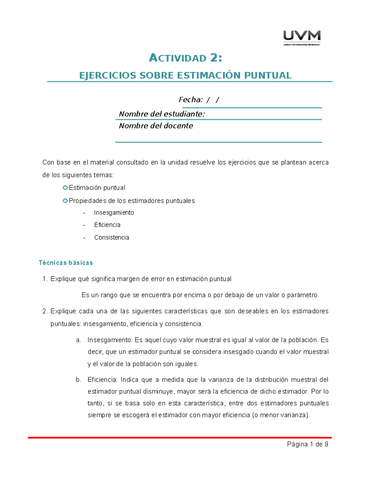 Actividad 2 EJERCICIOS SOBRE ESTIMACIÓN PUNTUAL - ACTIVIDAD 2: EJERCICIOS SOBRE ESTIMACIÓN ...