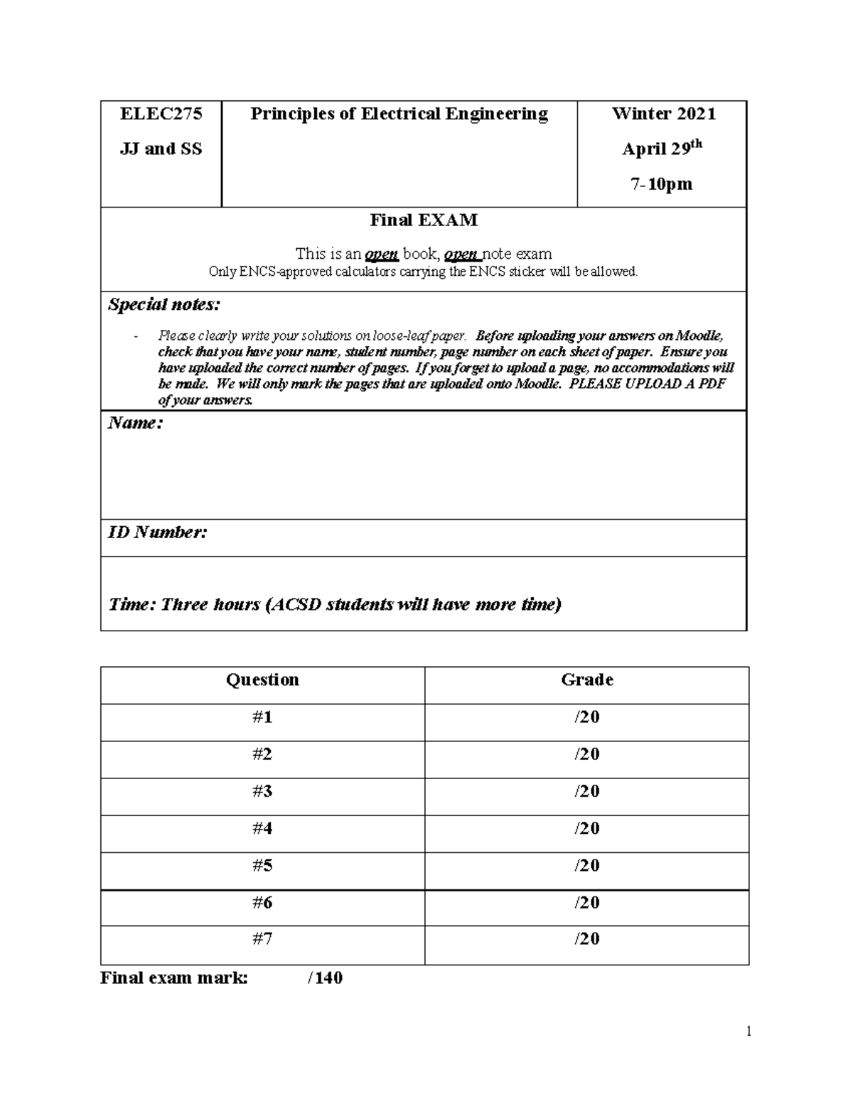 ELEC 275 Winter 2021 Final Exam .. ... . - ELEC JJ and SS Principles of Electrical Engineering ...