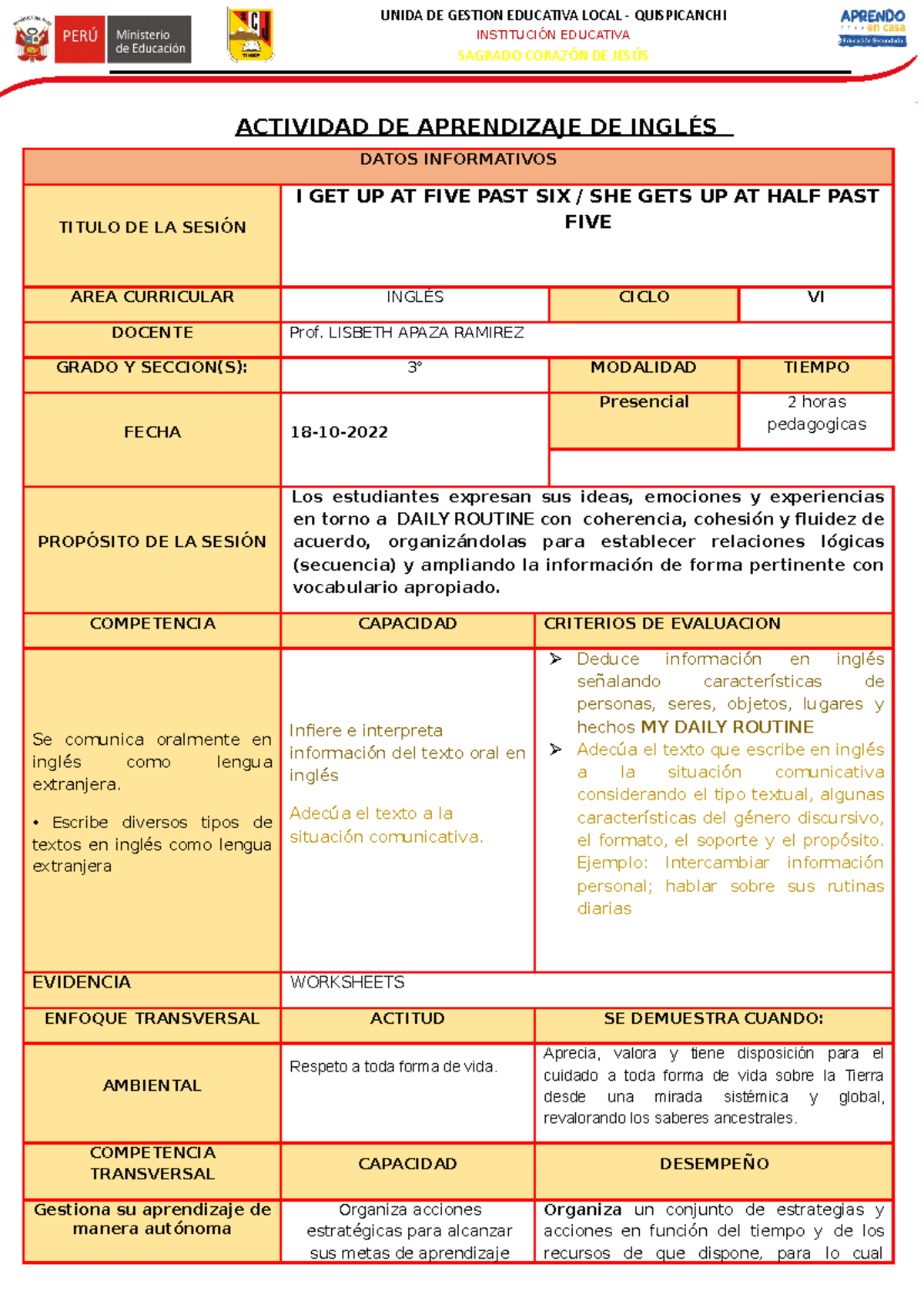 Daily routine session - ACTIVIDAD DE APRENDIZAJE DE INGLÉS DATOS INFORMATIVOS TITULO DE LA ...