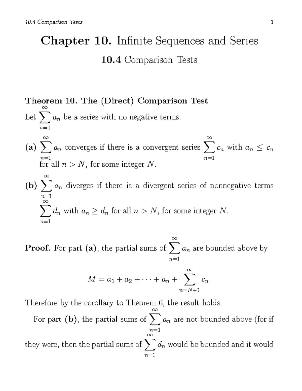 comparison tests - 10 Comparison Tests 1 Chapter 10. Infinite Sequences ...