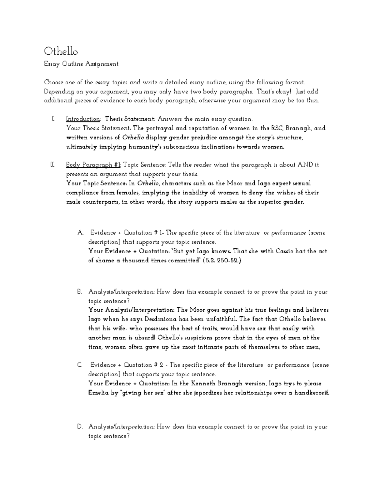 Copy of Othello Essay Outline Format - Othello Essay Outline Assignment ...