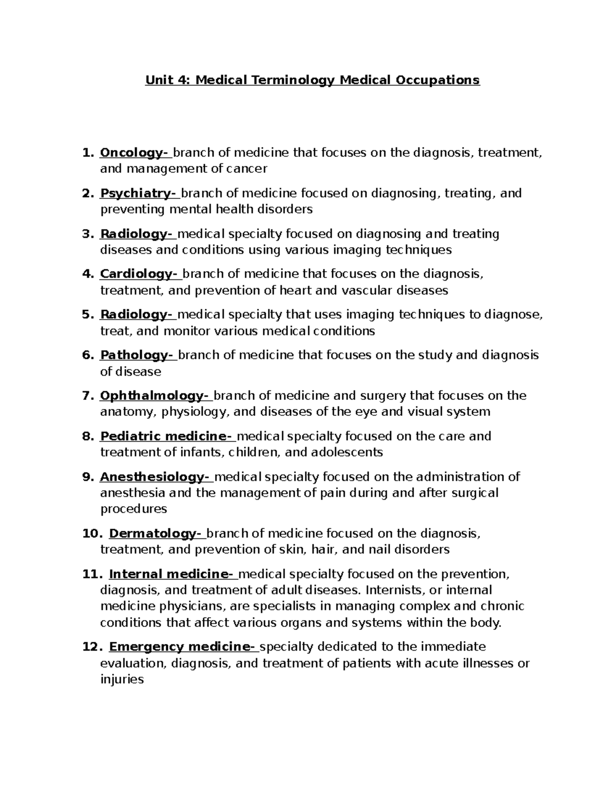 Unit 4 Medical Terminology Medical Occupations - Unit 4: Medical ...