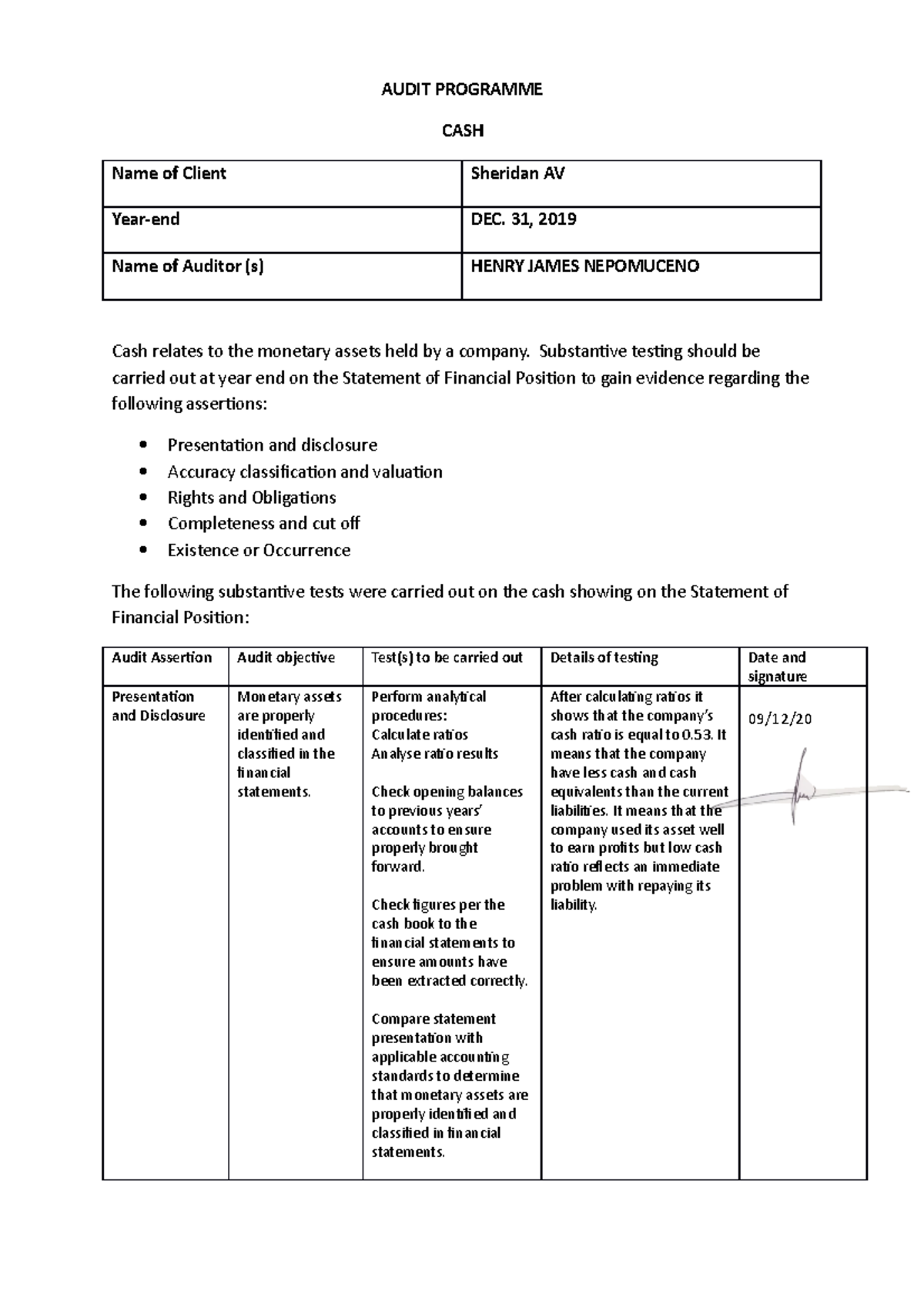 Cash auditprogramme-1 - AUDIT PROGRAMME CASH Name of Client Sheridan AV ...
