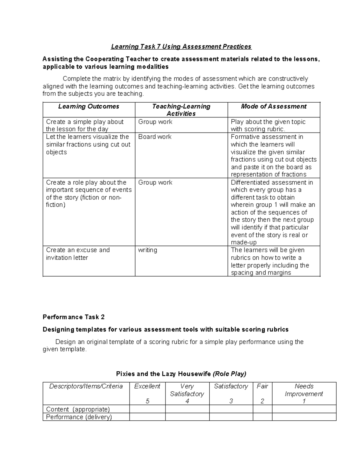 Learning-Task 7 - study - Learning Task 7 Using Assessment Practices Assisting the Cooperating ...
