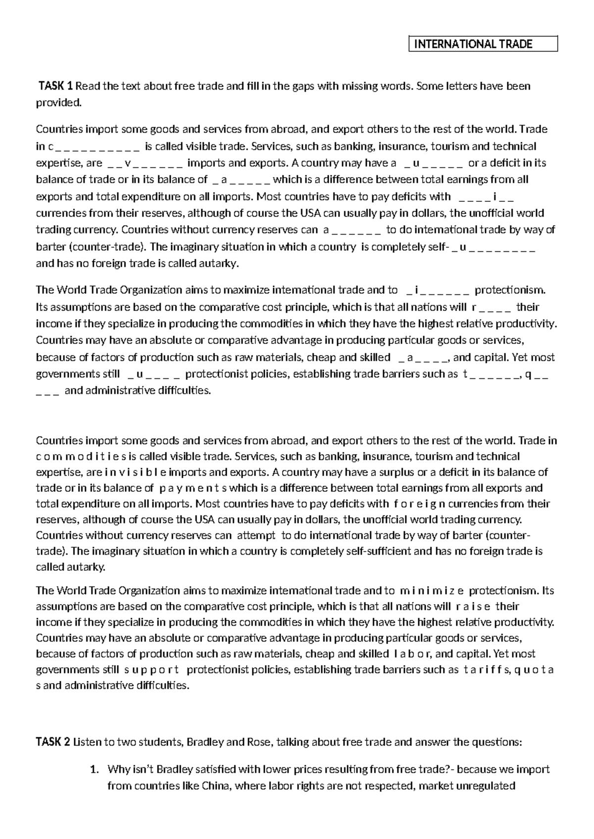 International Trade (student) - INTERNATIONAL TRADE TASK 1 Read the ...