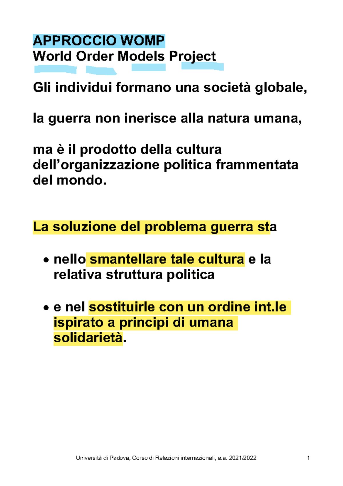 Approccio WOMP, Obiettivi Societari (relaz. internaz.) - APPROCCIO WOMP ...