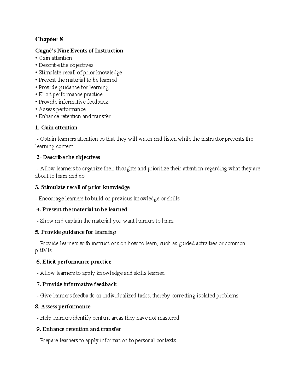 Training & development final - Chapter- Gagné’s Nine Events of Instruction • Gain attention ...