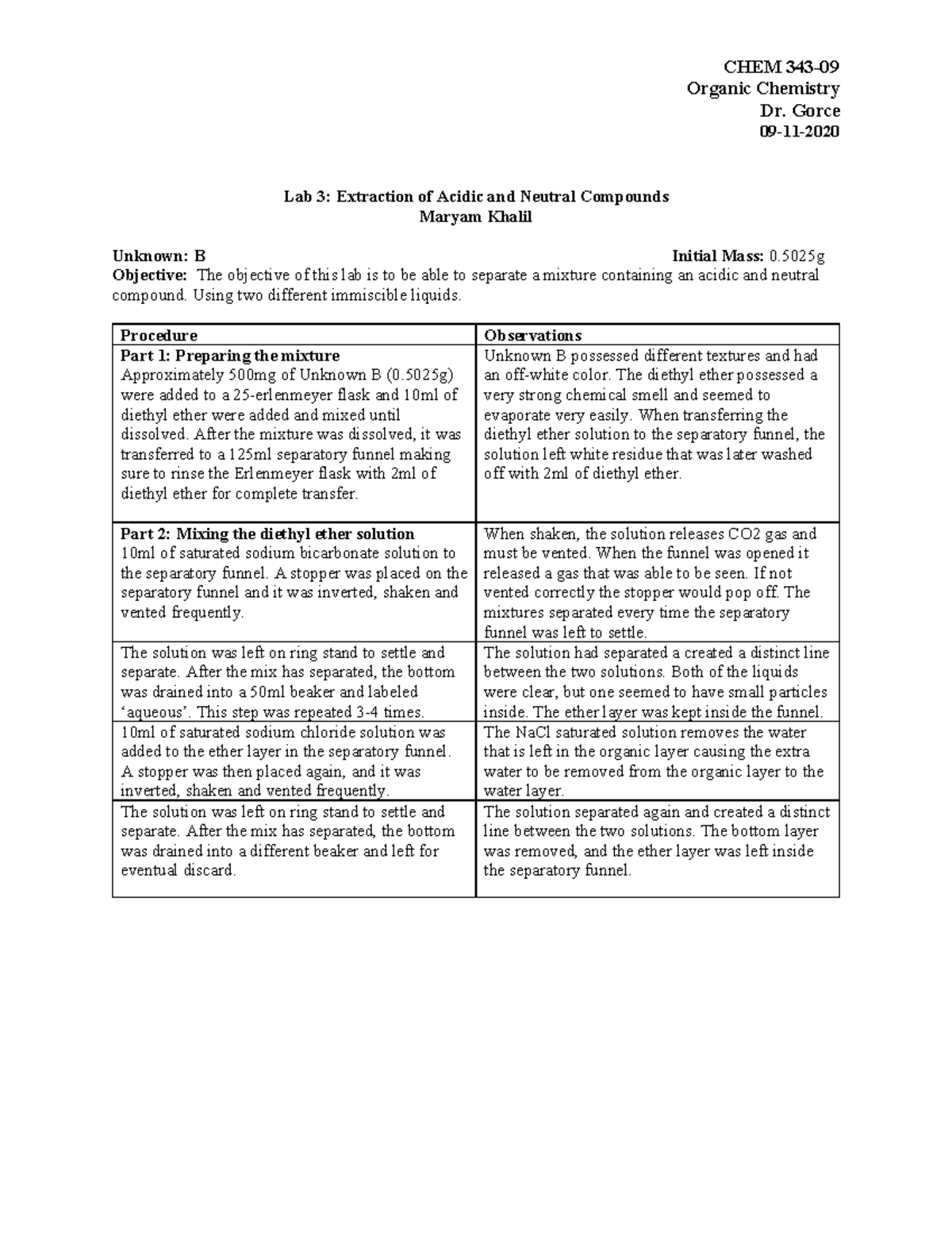 Lab 3- Extraction of Acidic and Neutral Compounds - CHEM 343 - UofL ...