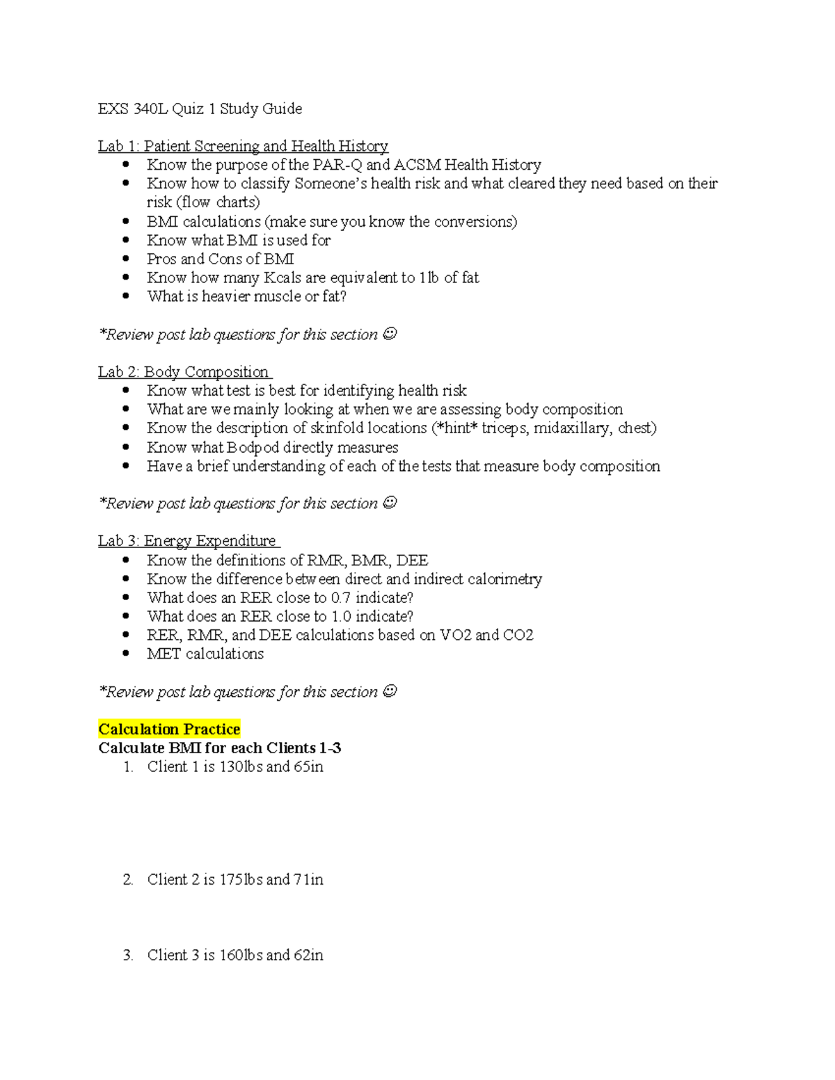 EXS Lab Quiz 1 Study Guide - EXS 340L Quiz 1 Study Guide Lab 1: Patient ...