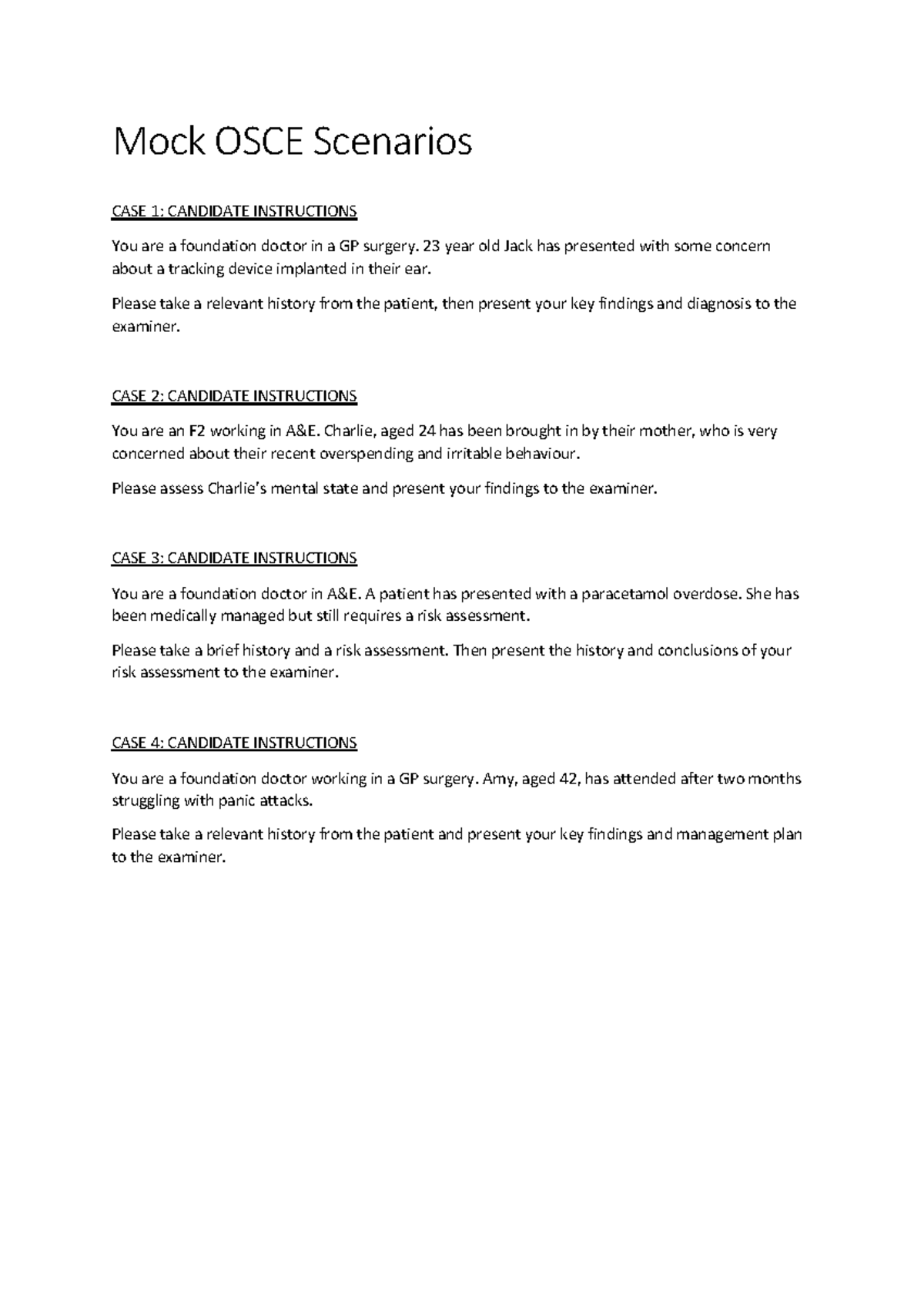 Mock OSCE Scenarios - psychiatry - Mock OSCE Scenarios CASE 1 ...