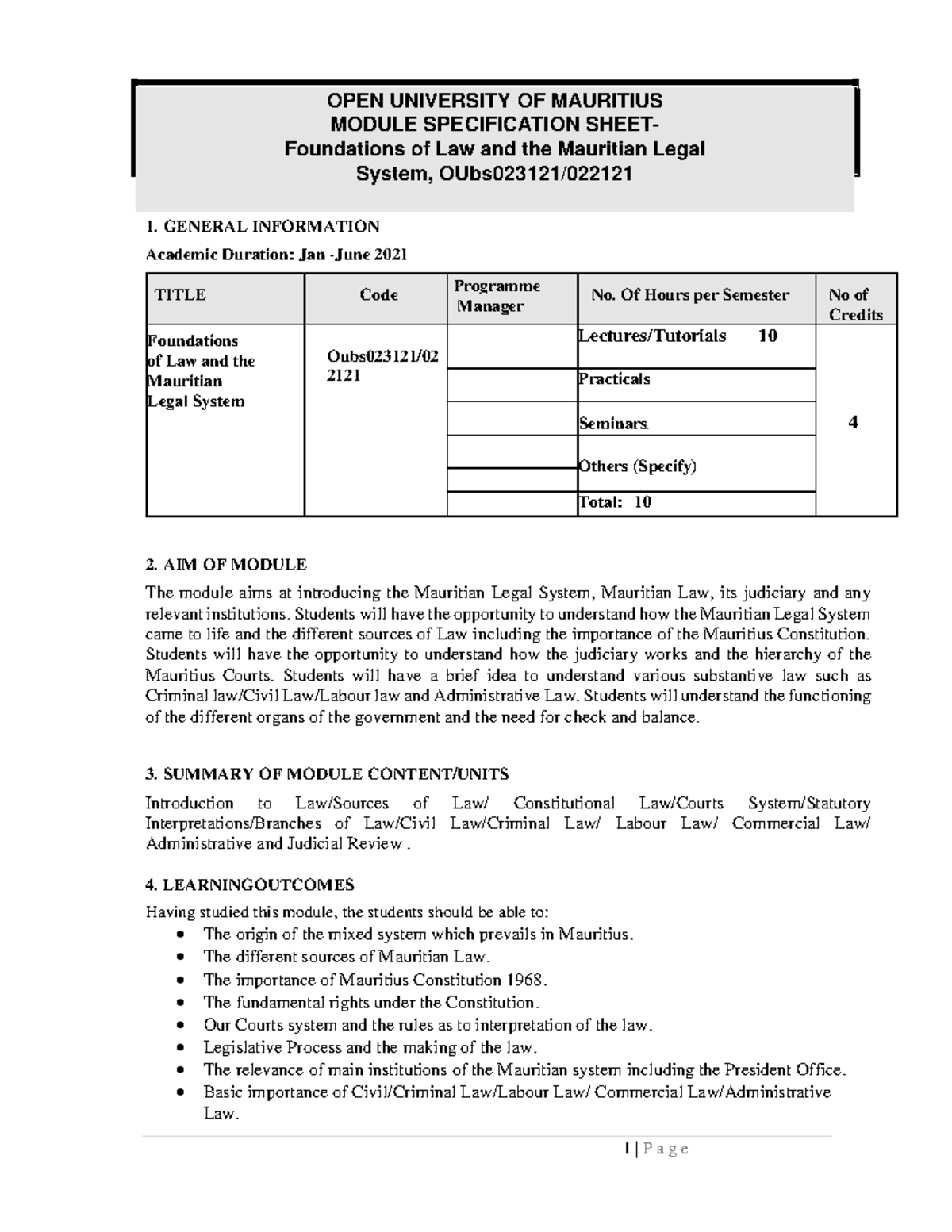 Module Specification Sheet Jan 2021 - 1 | P a g e 1. GENERAL ...