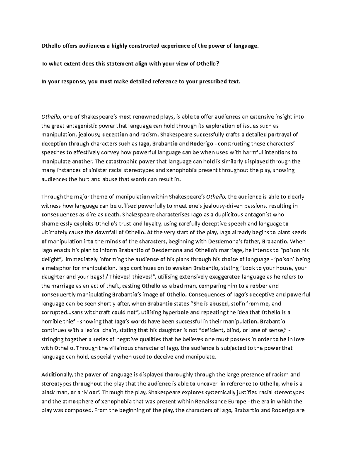 Othello Essay 2021 - Othello offers audiences a highly constructed ...