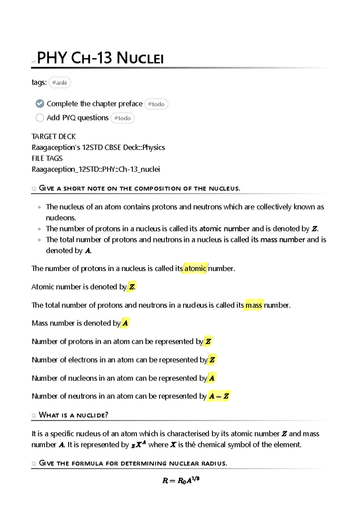 PHY Ch-13 Nuclei - H1 PHY C-13 N tags: #anki Complete the chapter preface #todo Add PYQ ...