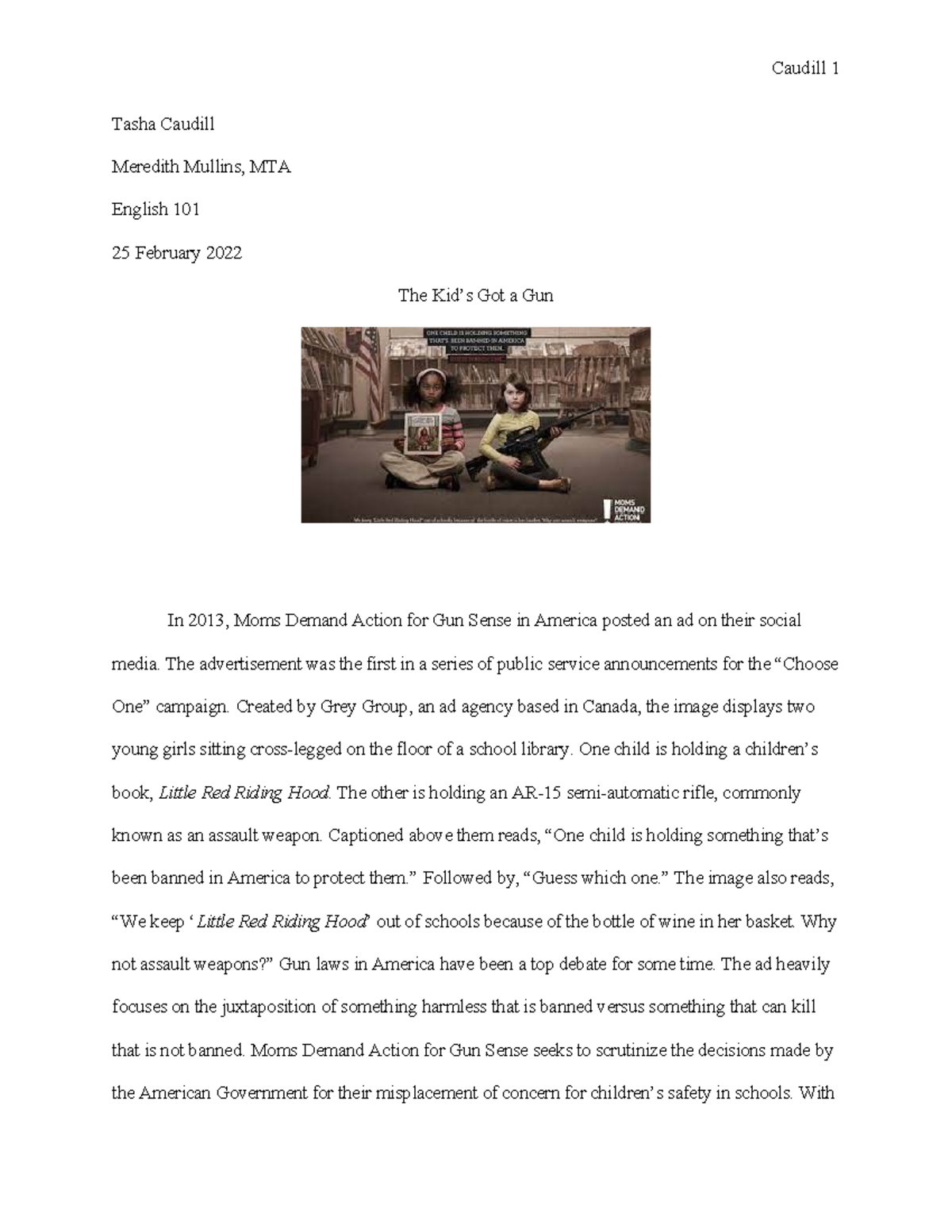 Rhetorical Analysis Essay - ENG 101 - Tasha Caudill Meredith Mullins, MTA English 101 25 ...