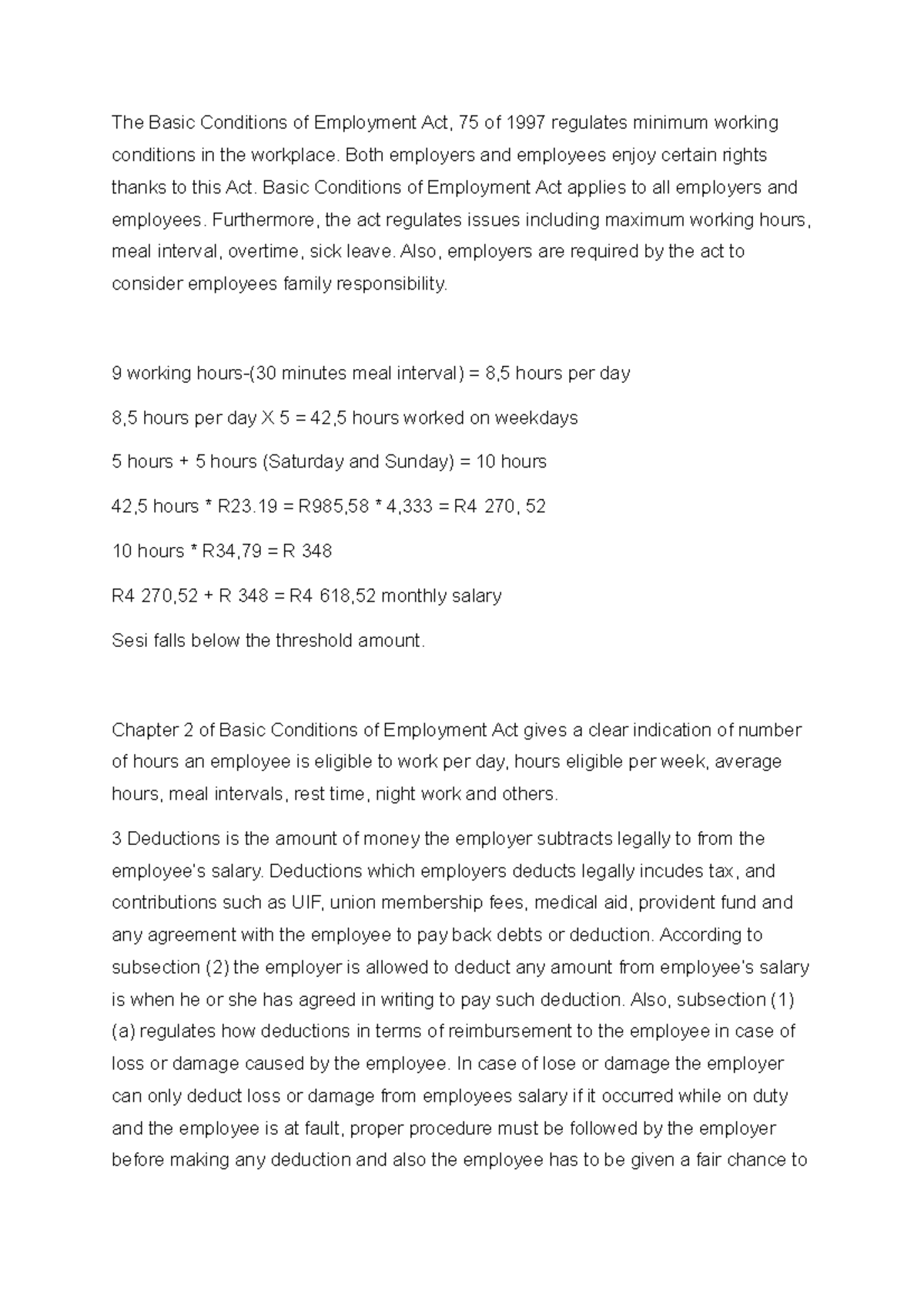 LLAB Assignment - work place - The Basic Conditions of Employment Act ...