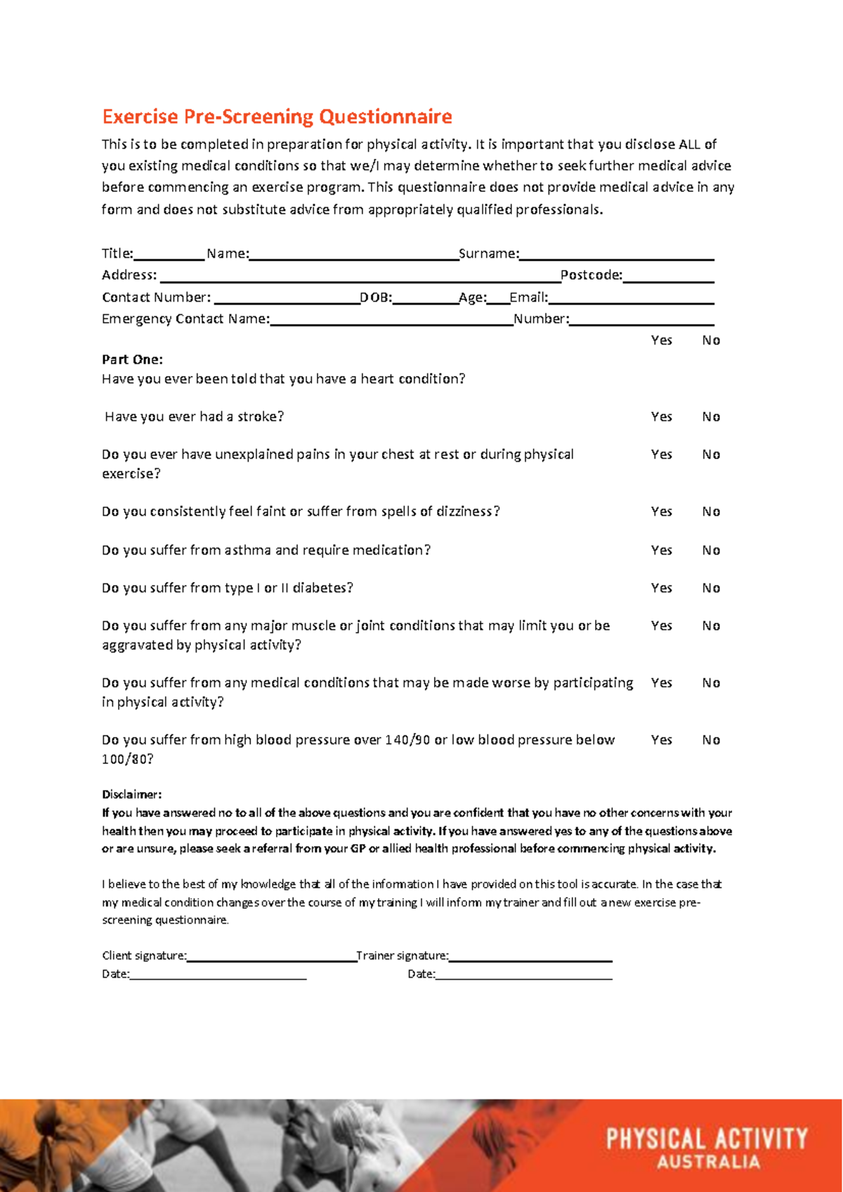 Pre Exercise Screening Form - Exercise Pre-Screening Questionnaire This ...