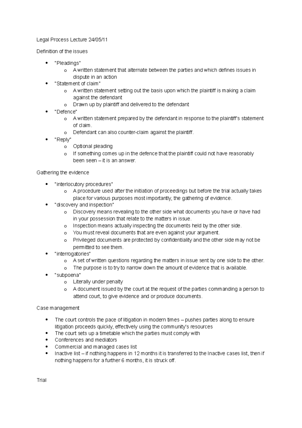 Lecture notes, Week 10, Lecturer Holly Cullen - Legal Process Lecture ...
