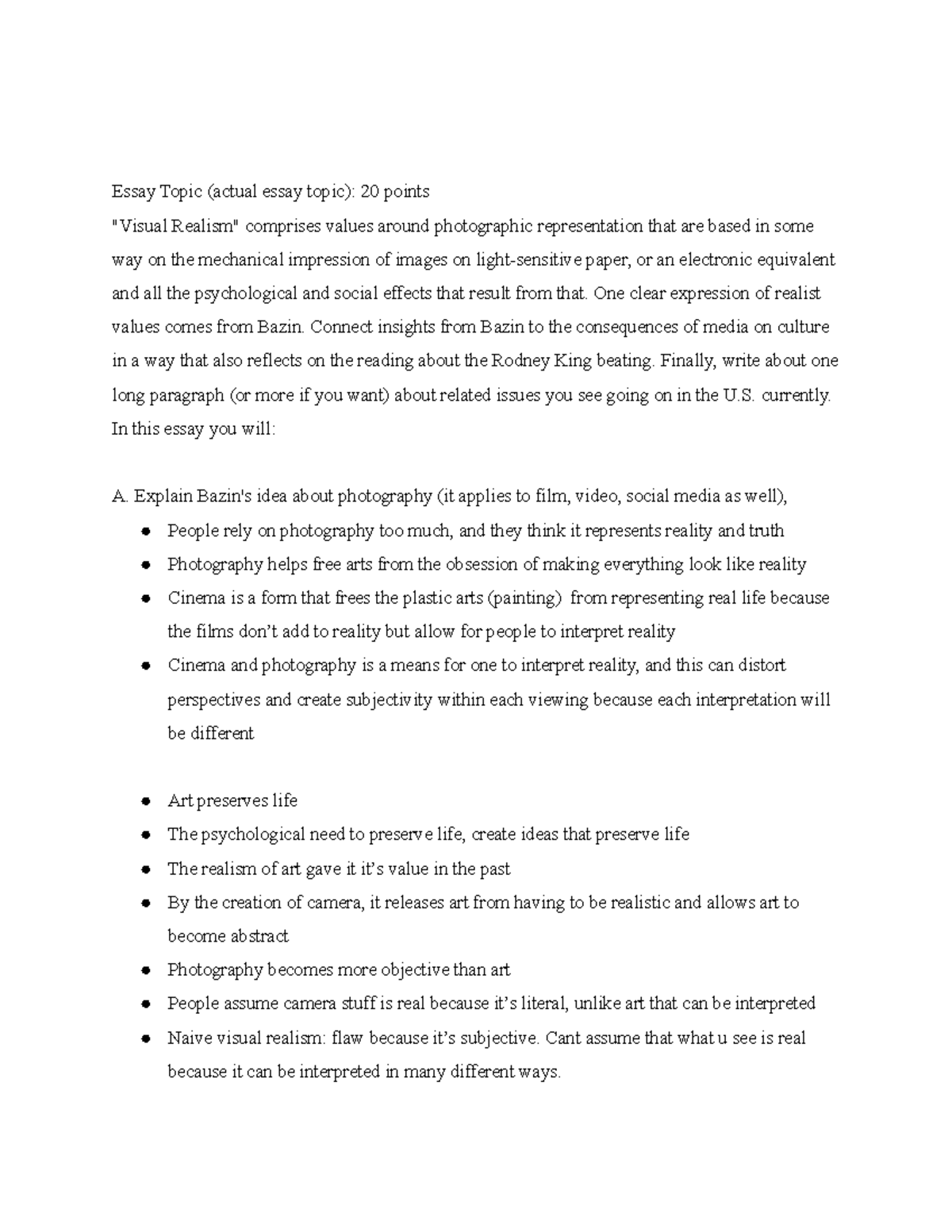 Final Exam Preparation - Essay Topic (actual essay topic): 20 points ...