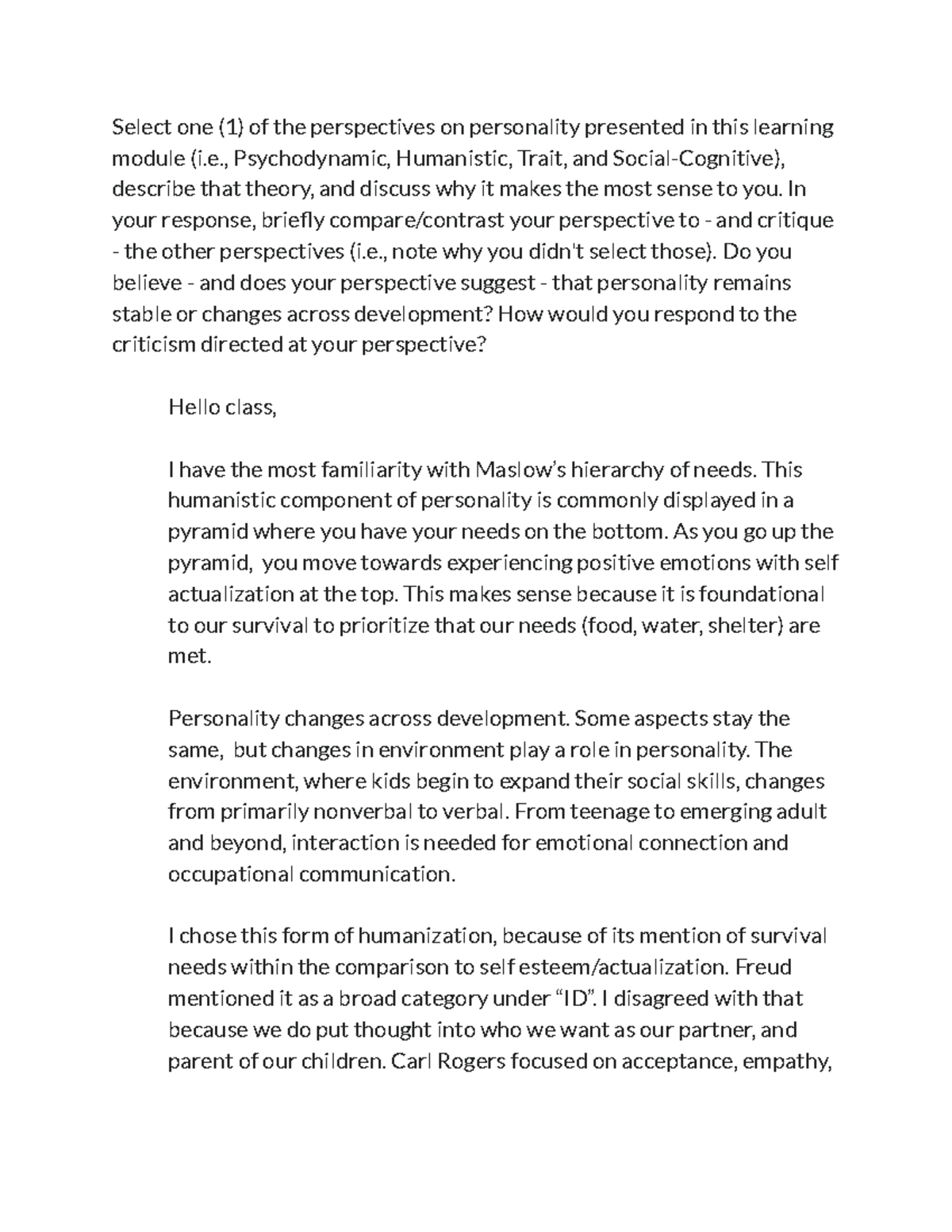 Ch 13 db psych - discussion board - Select one (1) of the perspectives ...