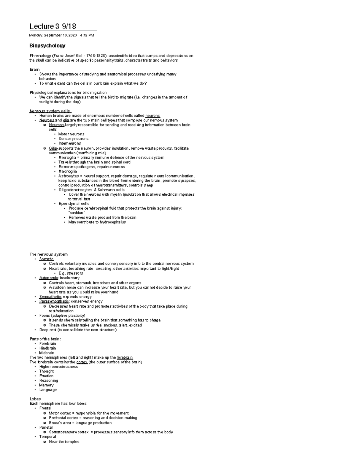 Lecture 3 PSY 103 - Lecture 3 9/ Monday, September 18, 2023 4:42 PM Biopsychology Phrenology ...