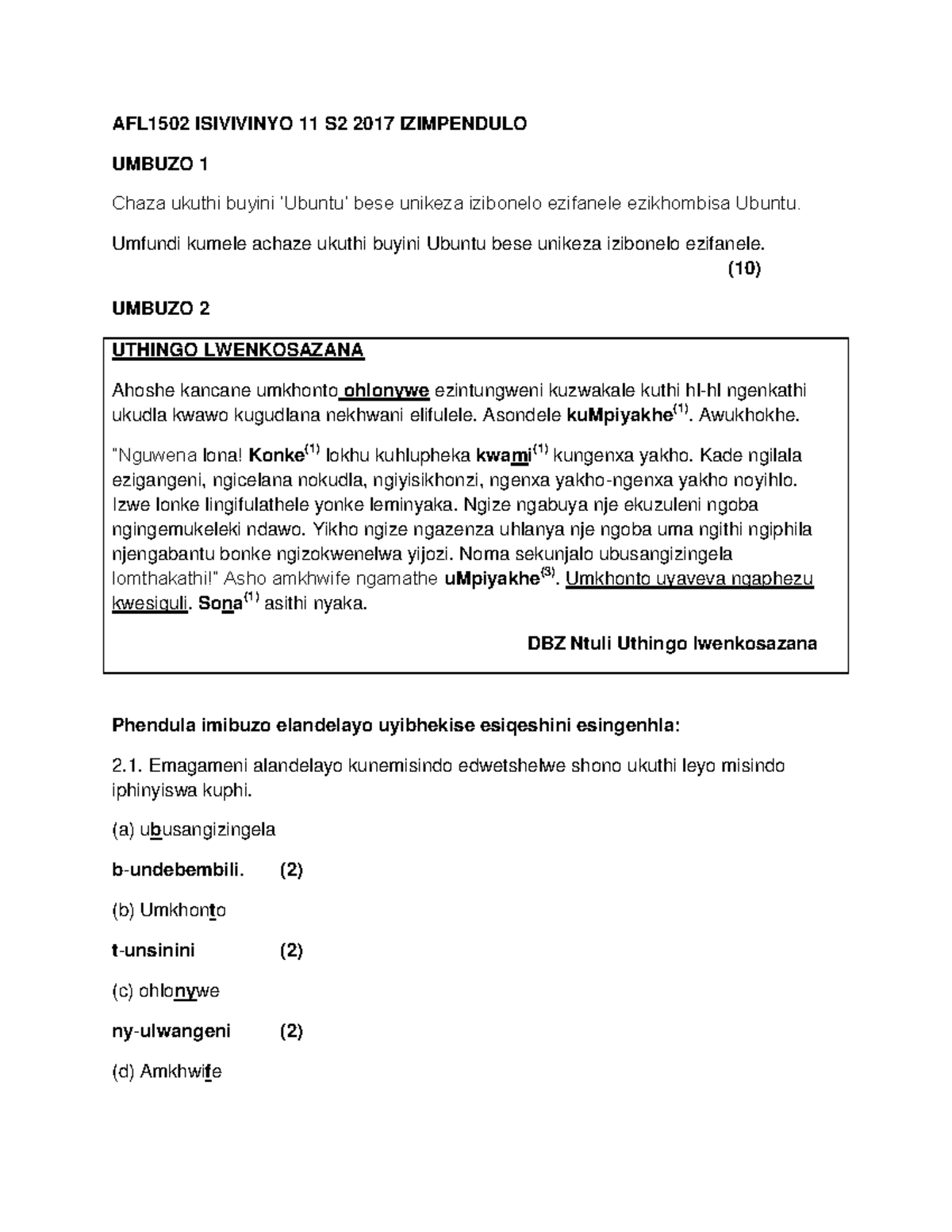 AFL1502 Isizulu Assignment 11 AND 21 S2 MEMO 2017 - AFL1502 ISIVIVINYO 11 S2 2017 IZIMPENDULO ...