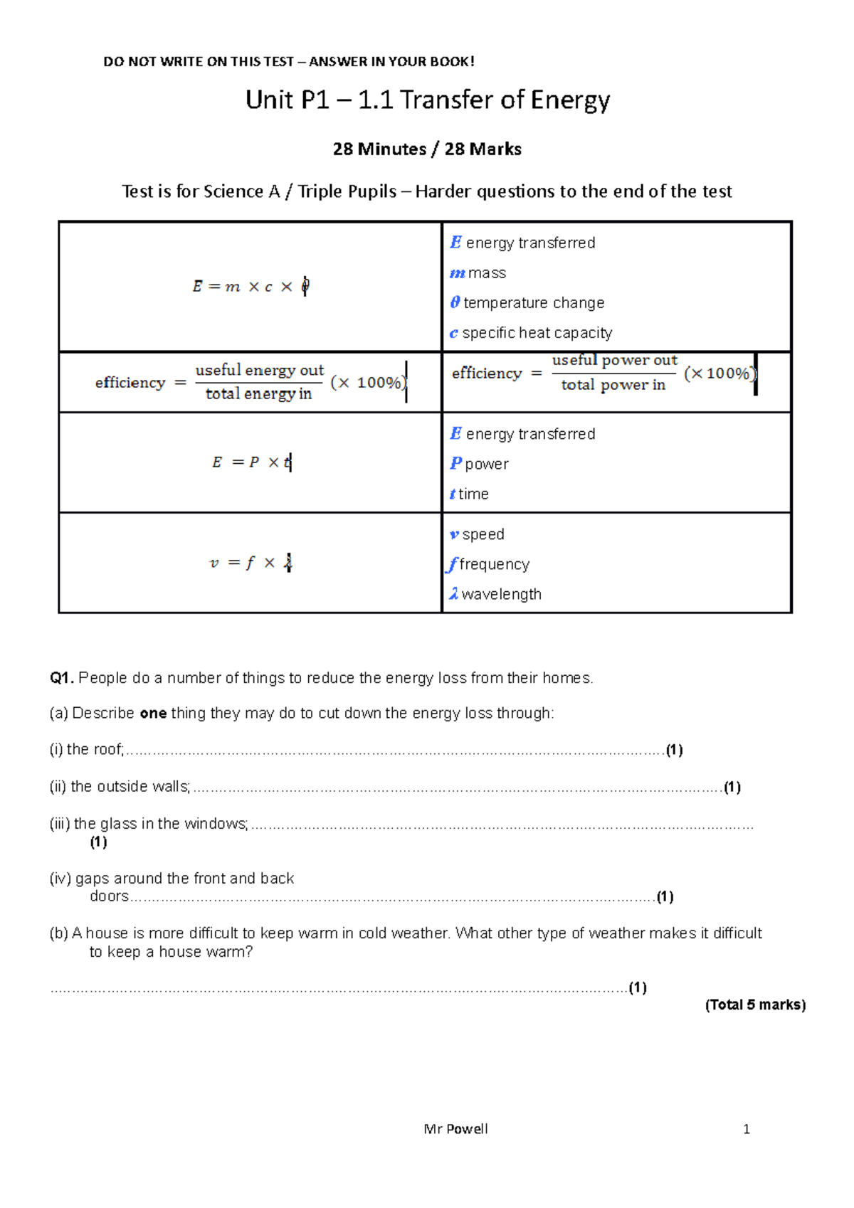 phydvics paper lec - Unit P1 – 1 Transfer of Energy 28 Minutes / 28 ...