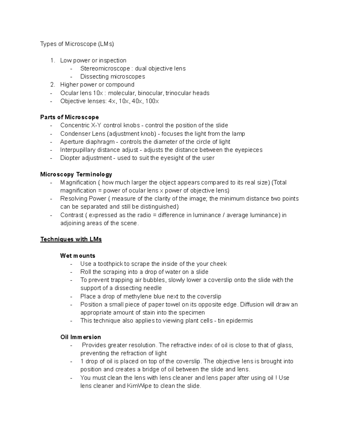 BIO 2281 (Lecture 1 Notes) - Types of Microscope (LMs) Low power or ...