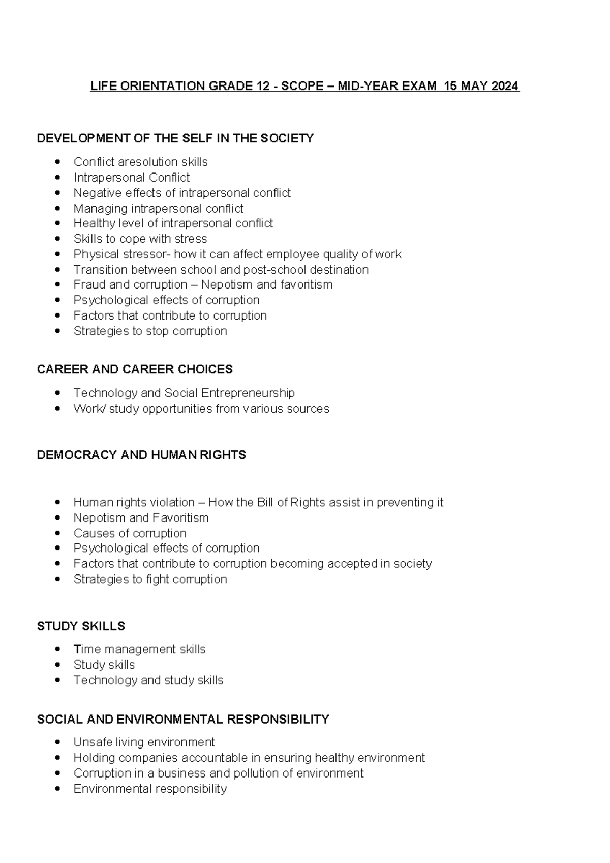 Grade 12 MID YEAR EXAM Scope - LIFE ORIENTATION GRADE 12 - SCOPE – MID ...
