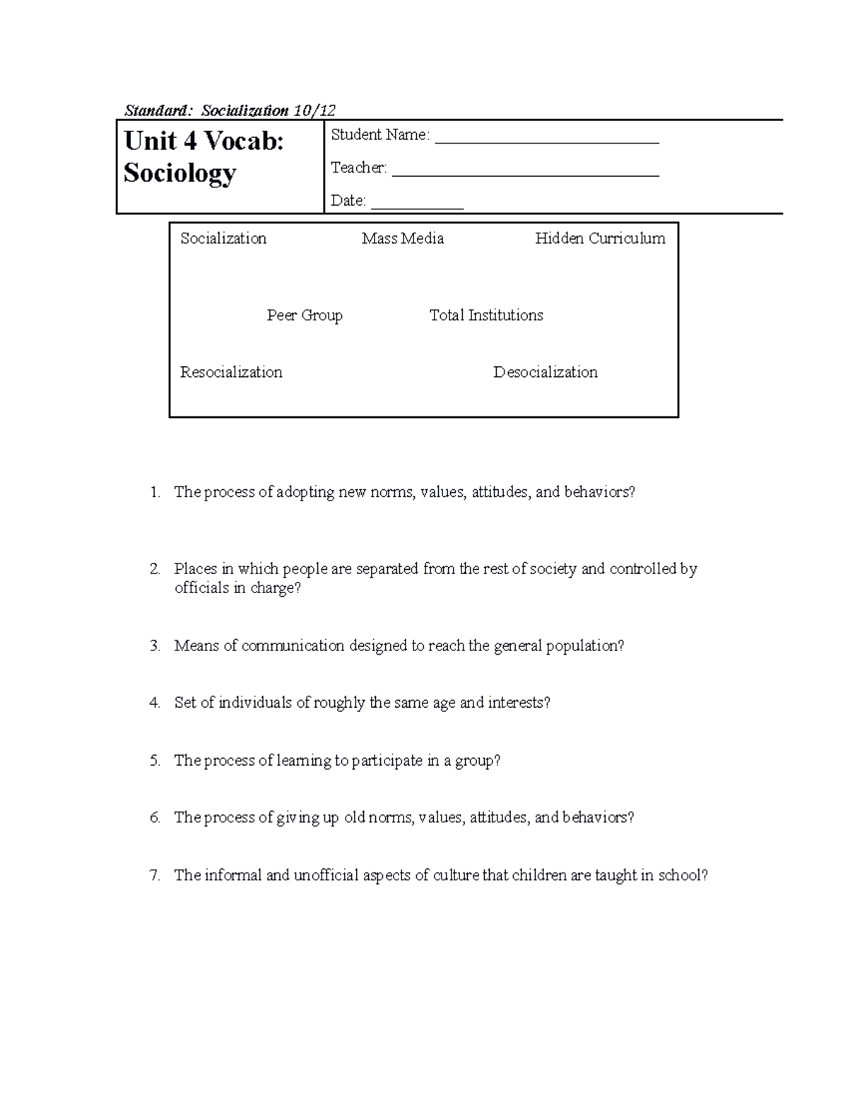 U4 Sociology Vocab - Standard: Socialization 10/ Unit 4 Vocab ...