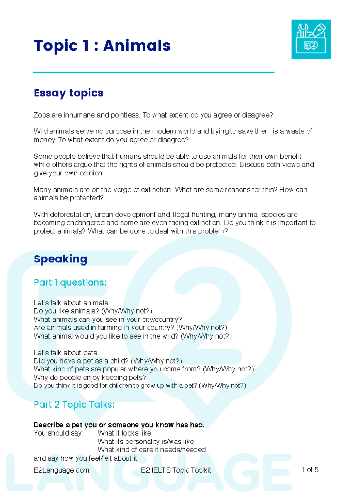 466692985 E2 Ielts Topic Toolkit Animals pdf - Topic 1 : Animals ...