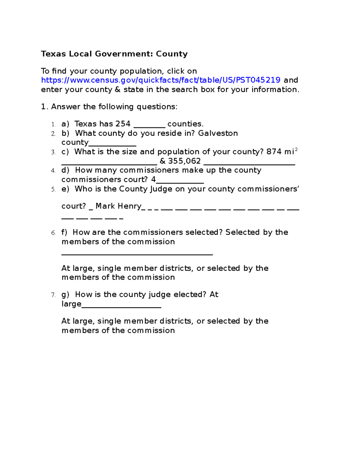 Texas Local Government County - Answer the following questions: a ...