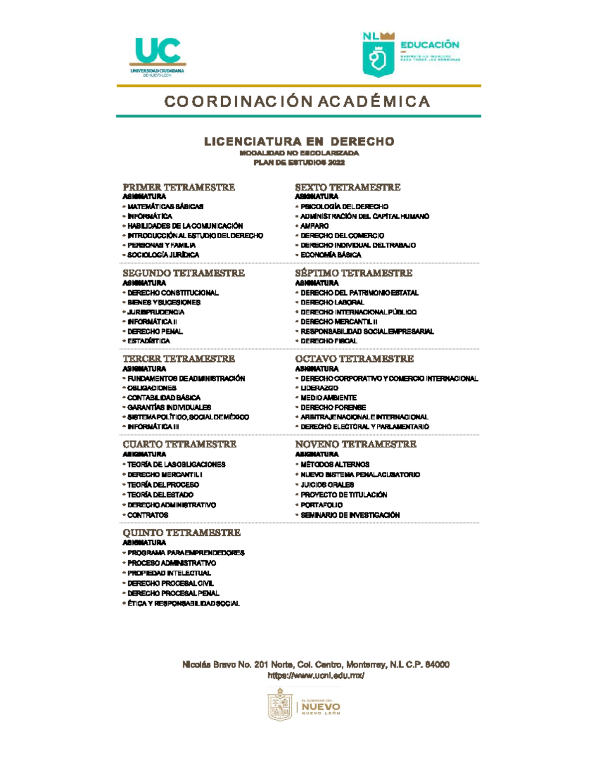 Plan de Estudios LIC UCNL - LD - Licenciatura en derecho - Studocu