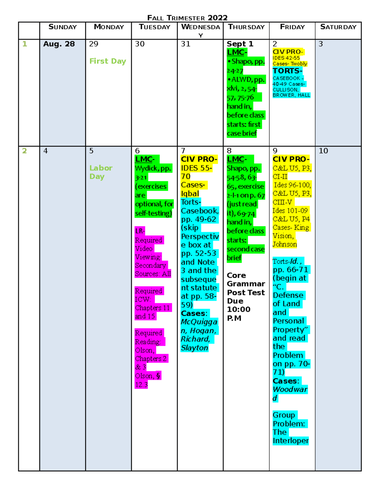 F22 Trimester at a Glance - FALL TRIMESTER 2022 SUNDAY MONDAY TUESDAY ...