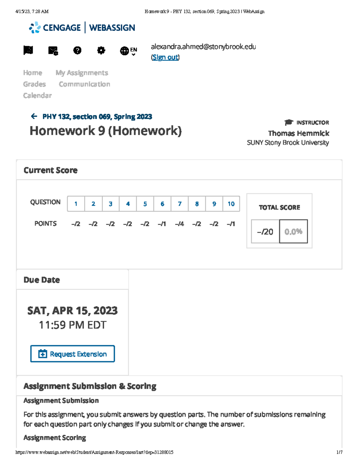 Homework 9 - PHY 132, section 069, Spring 2023 Web Assign - EN alexandra@stonybrook (Sign out ...